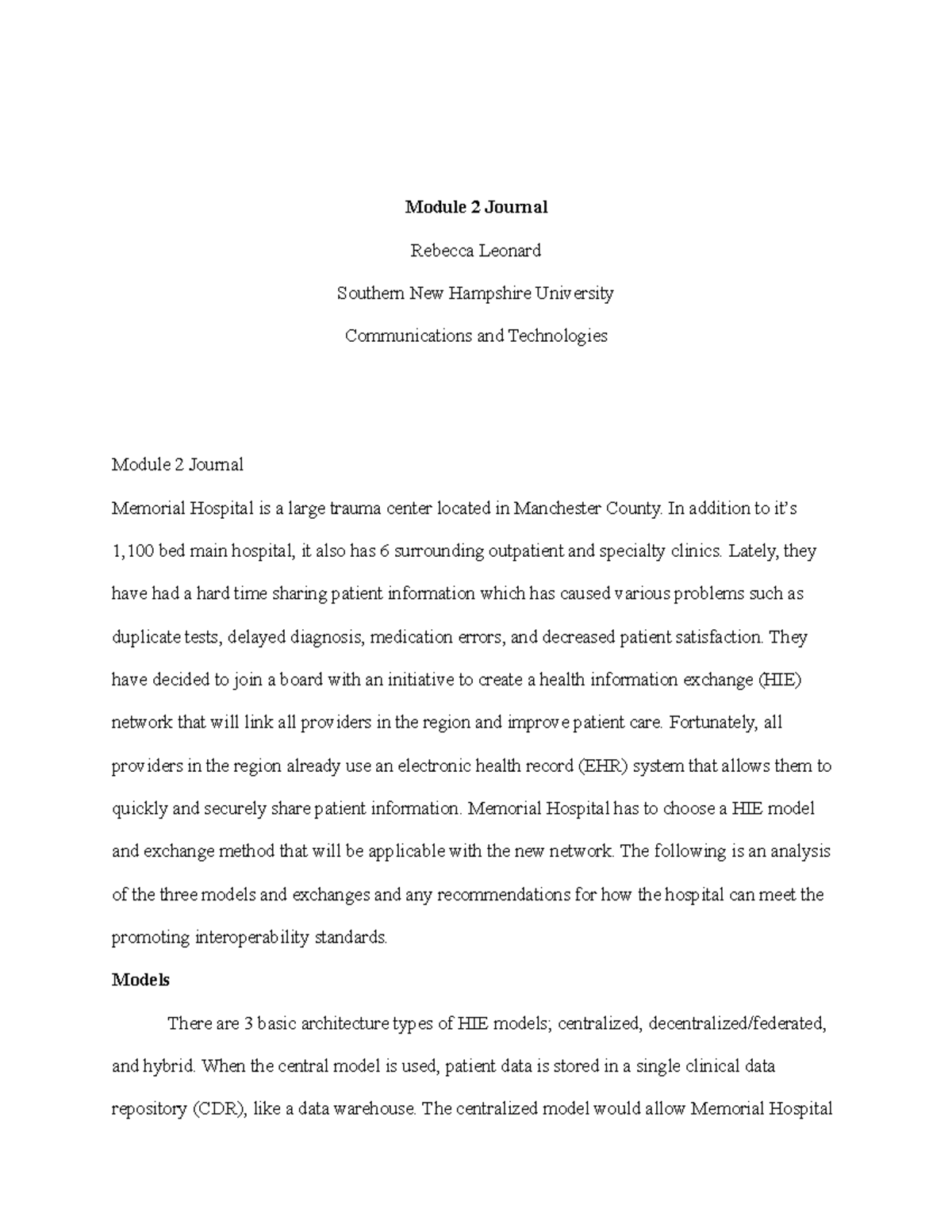 Module 2 journal - Module 2 Journal Rebecca Leonard Southern New ...