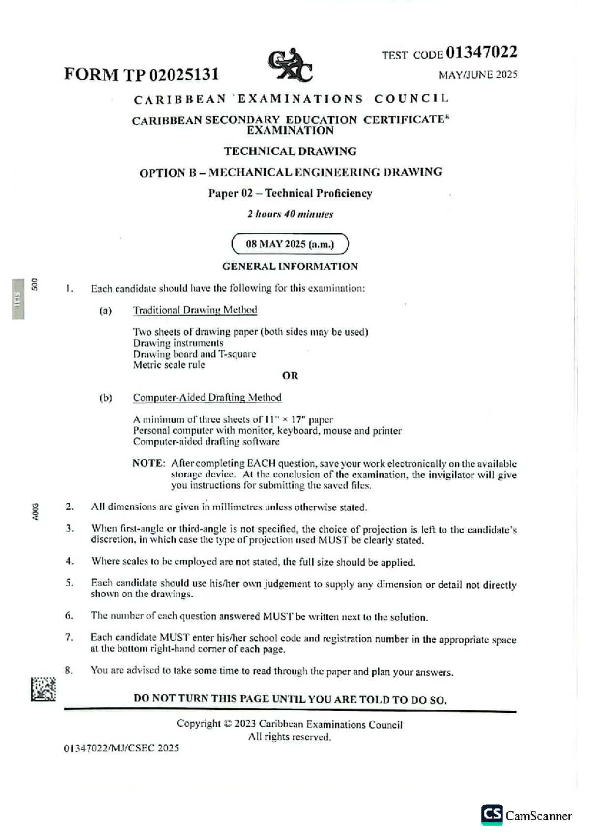 CSEC TD Paper 2 2025: Mechanical Engineering Drawing Exam Guide - Studocu