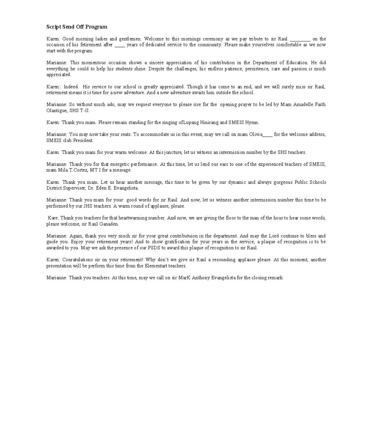 Retirement Ceremony Script for Sir Raul: A Tribute to Service - Studocu