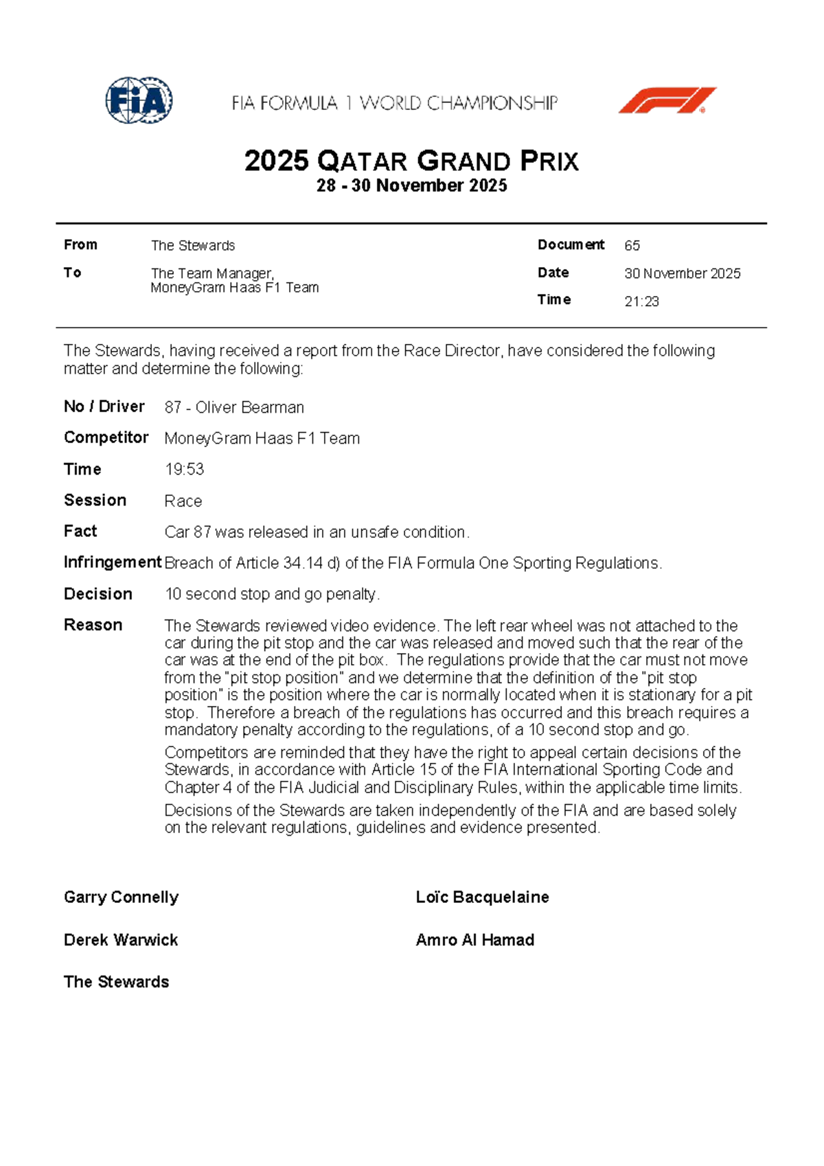 2025 QATAR GP - Car 87 Infringement: Unsafe Release Penalty - Studocu