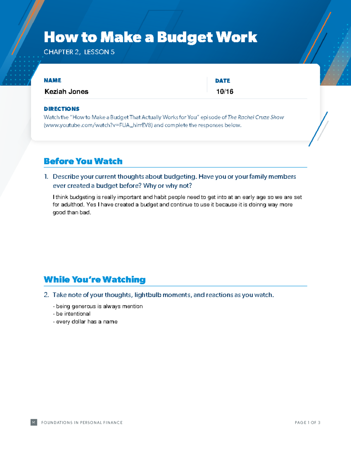 Personal Finance 2 - Budgeting Insights from Chapter 2, Lesson 5 - Studocu