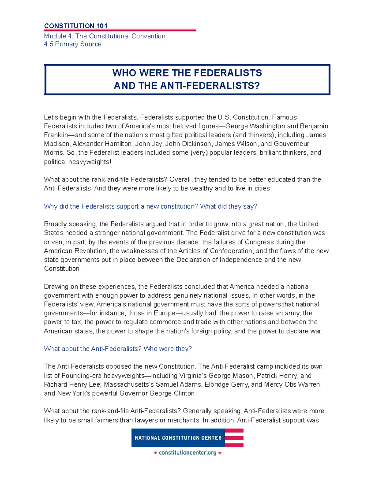 CONSTITUTION 101 Module 4: The Federalists vs. Anti-Federalists Debate ...