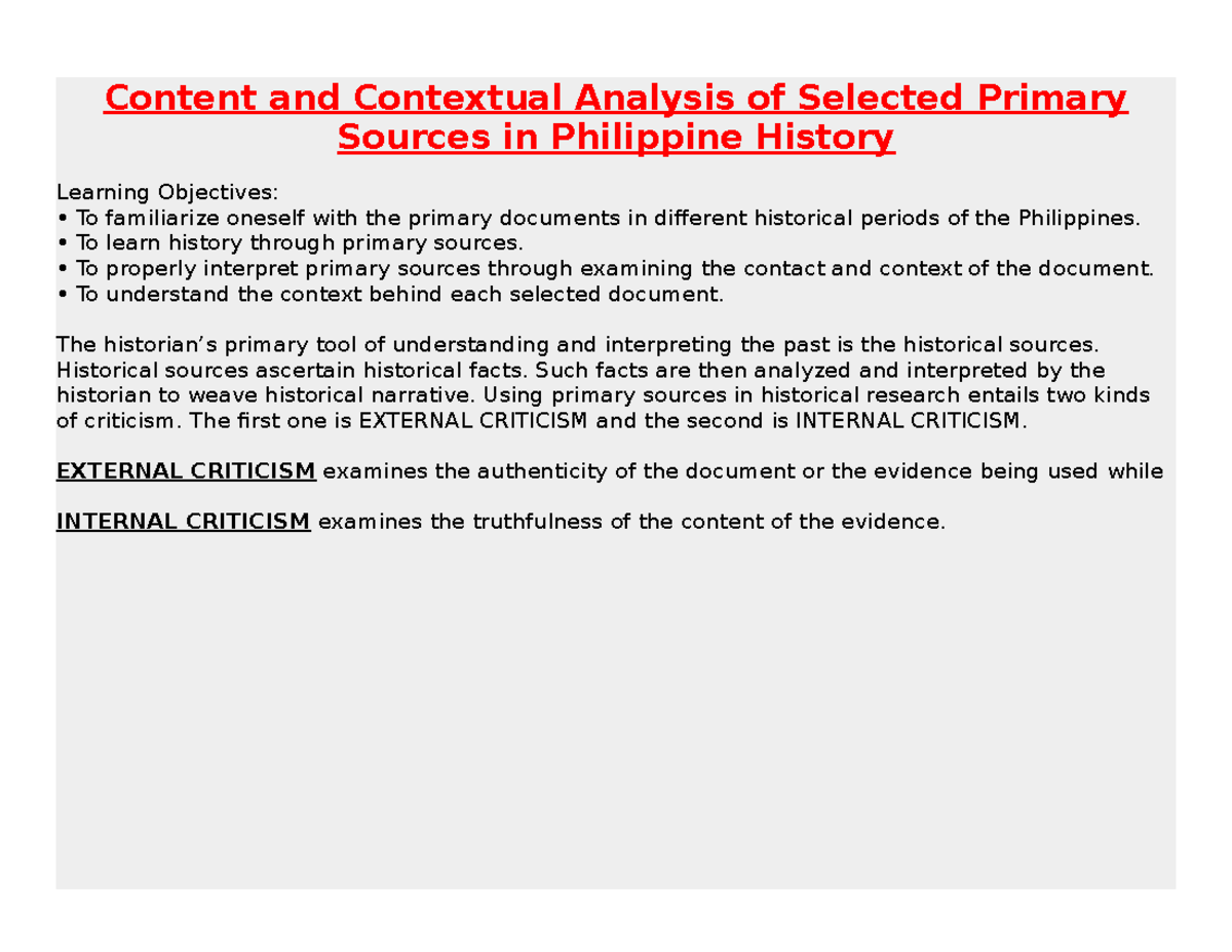 Content and Contextual Analysis of Selected Primary Sources in ...