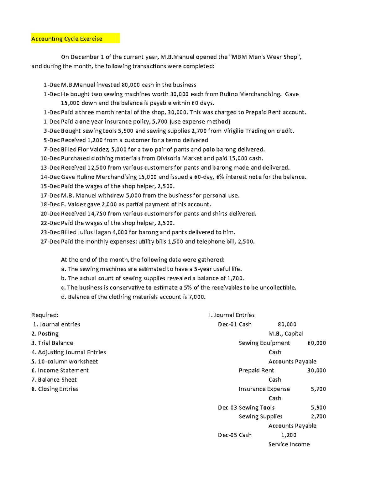 Accounting Cycle Exercise: December Transactions & Journal Entries ...