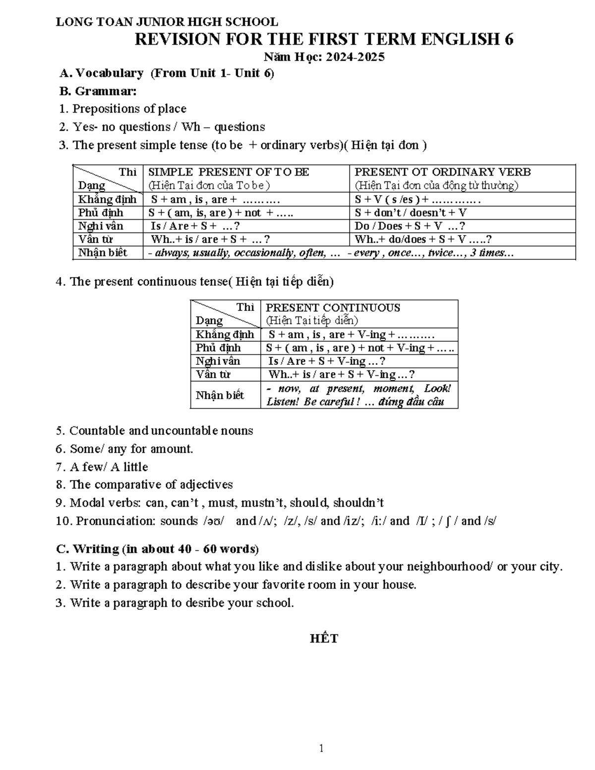 Revision for First Term English 6 - Decuong 6HKI-2024 - Studocu