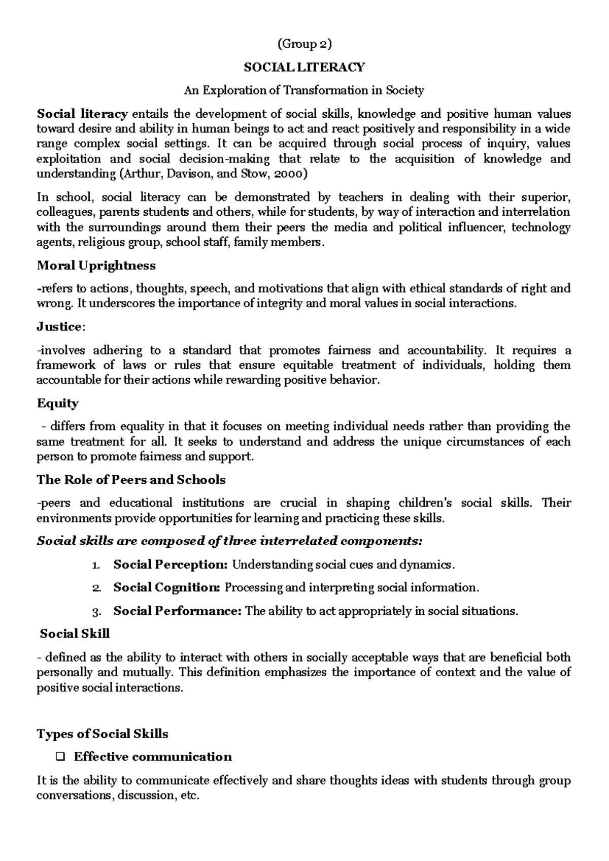 Social Literacy - (Group 2) SOCIAL LITERACY An Exploration of ...