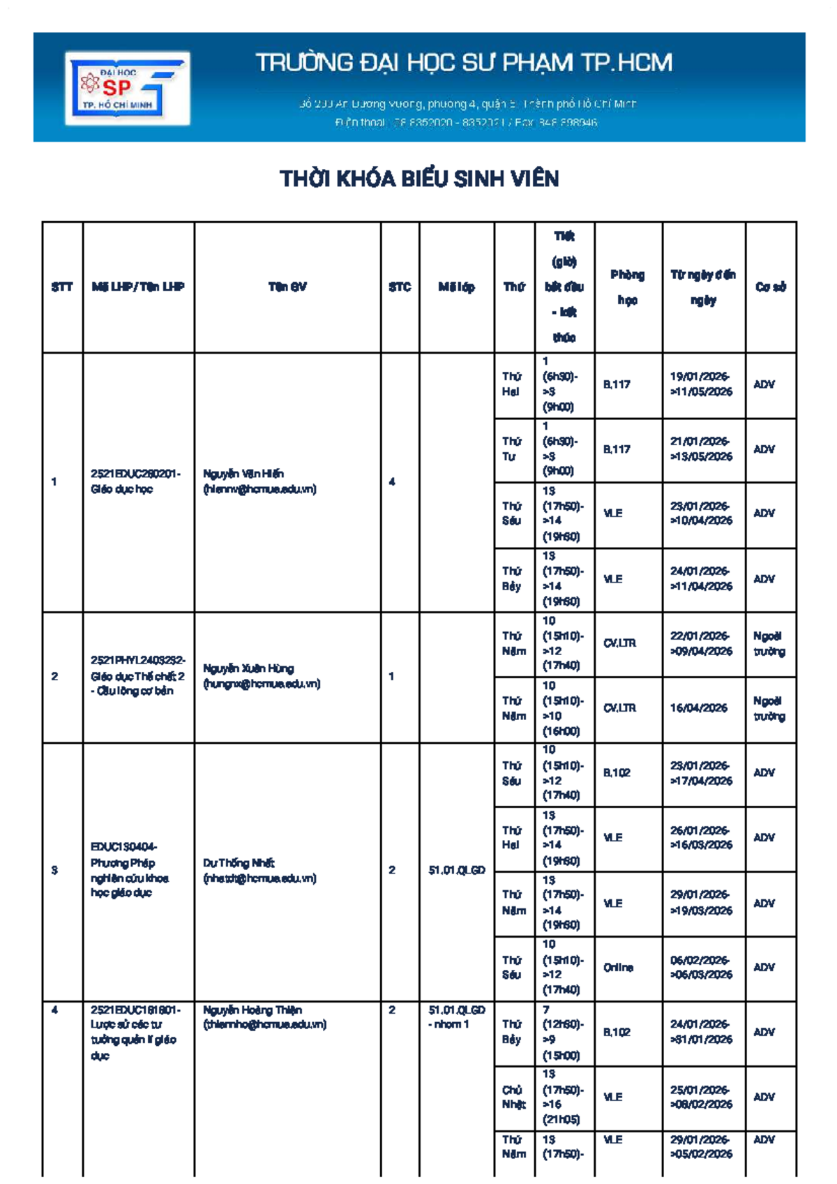 Thời Khóa Biểu Sinh Viên - Mã LHP và Thời Gian Học - Studocu