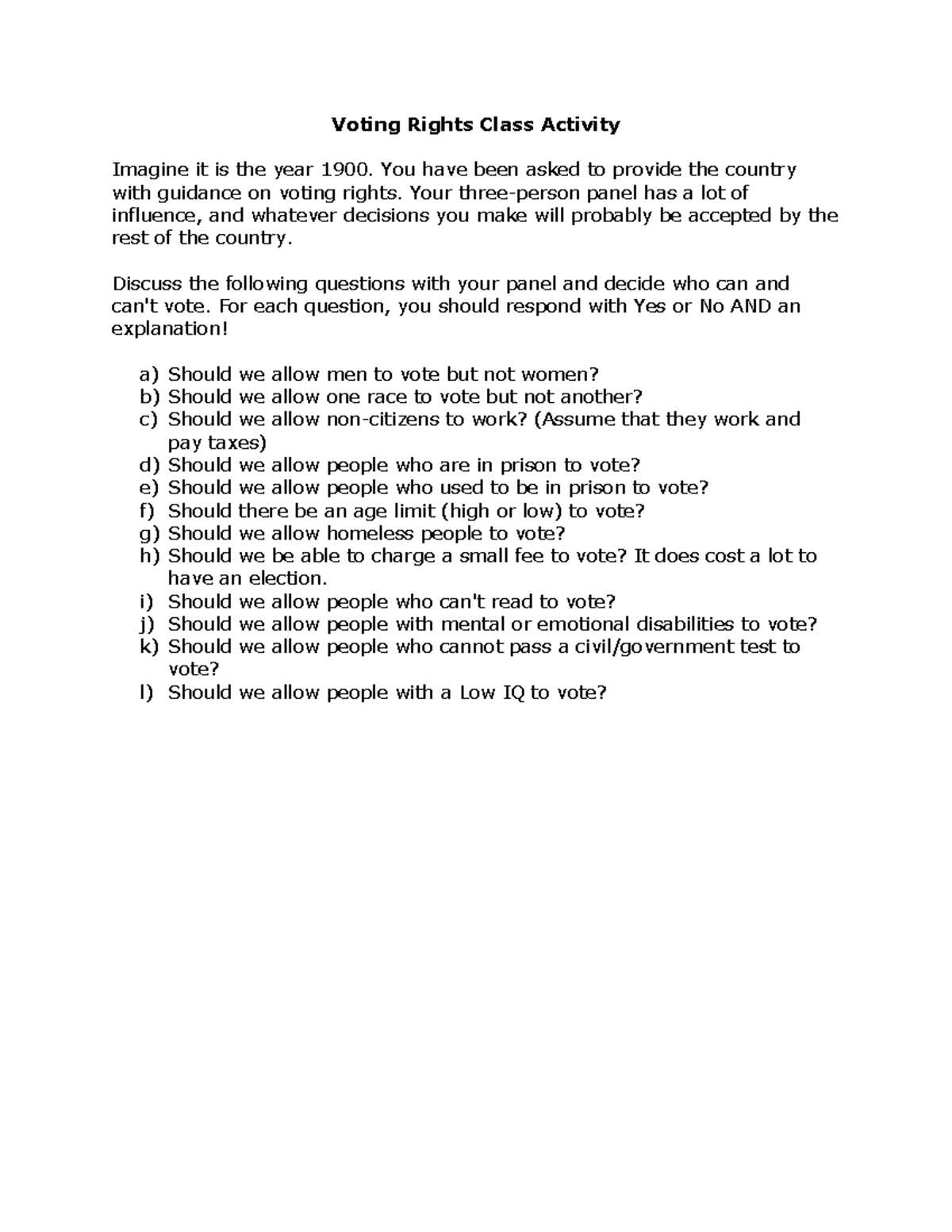 Voting Rights Class Activity - Voting Rights Class Activity Imagine it ...