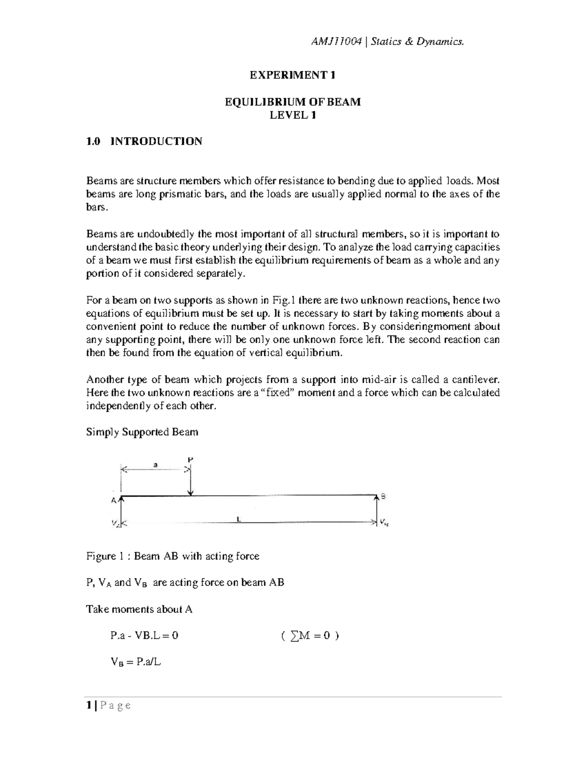 AMJ11004 Statics Dynamics: Experiment 1 - Equilibrium of Beam - Studocu