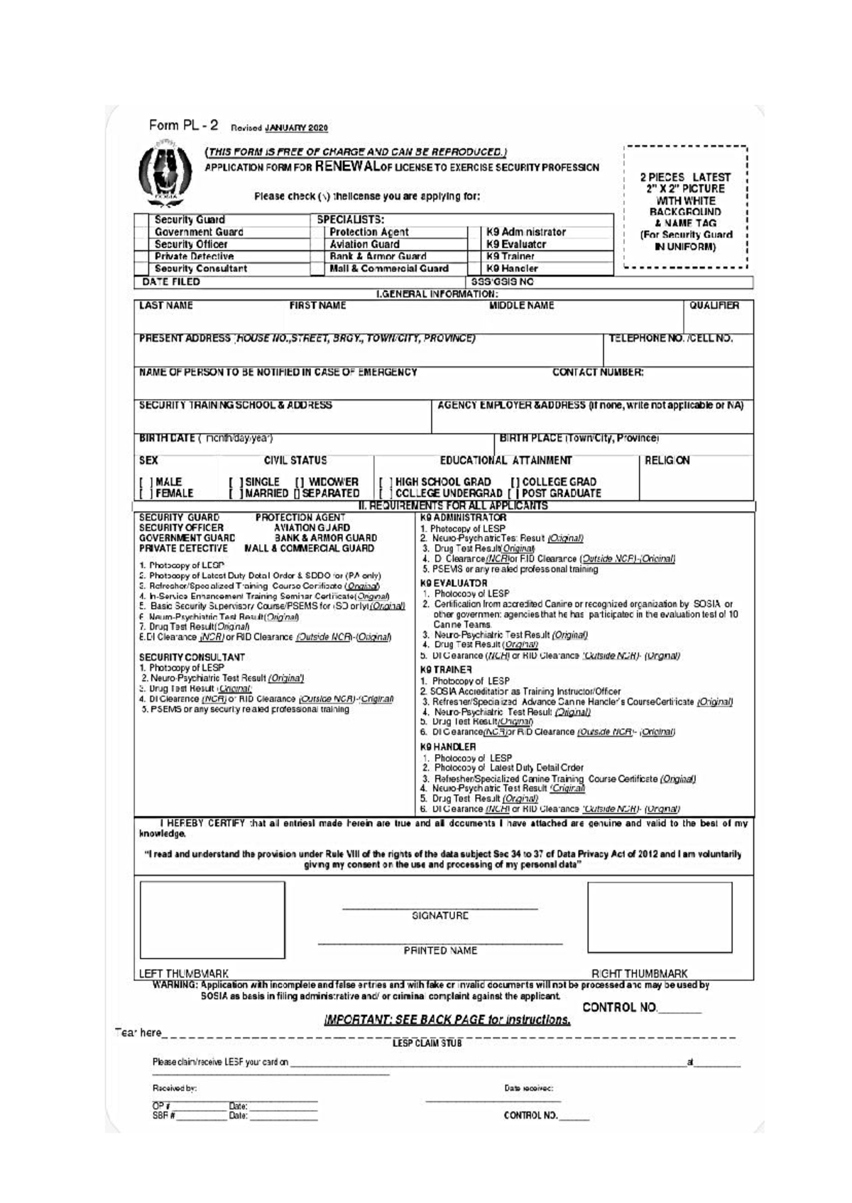 PL 2 Application Form for License Renewal in Security Profession - Studocu