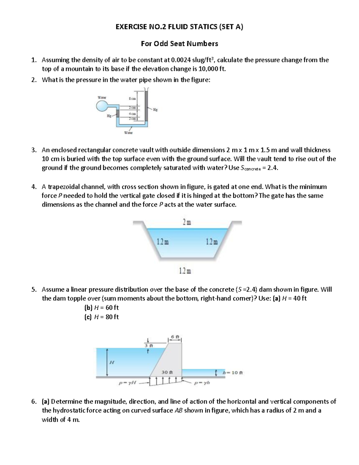 Fluid Statics Exercise No. 2 (Set A) for Odd Seat Numbers - Studocu