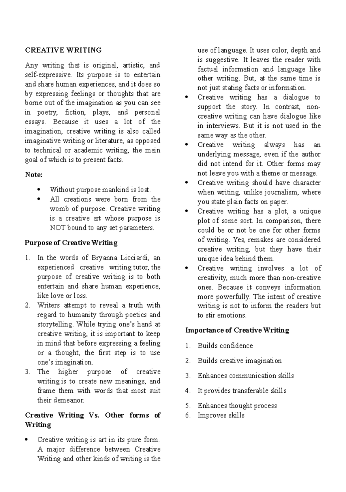 Creative Writing: Exploring Imagination and Expression (CW 101) - Studocu