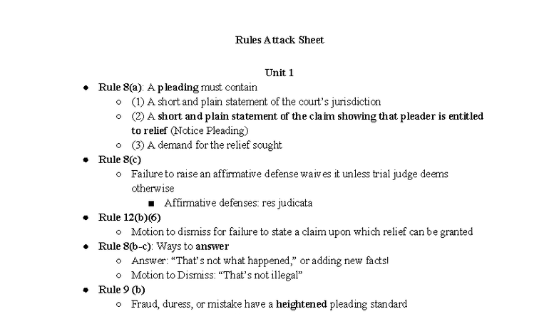 Rules Attack Sheet: Key Legal Principles and Procedures (Unit 1 & 2 ...