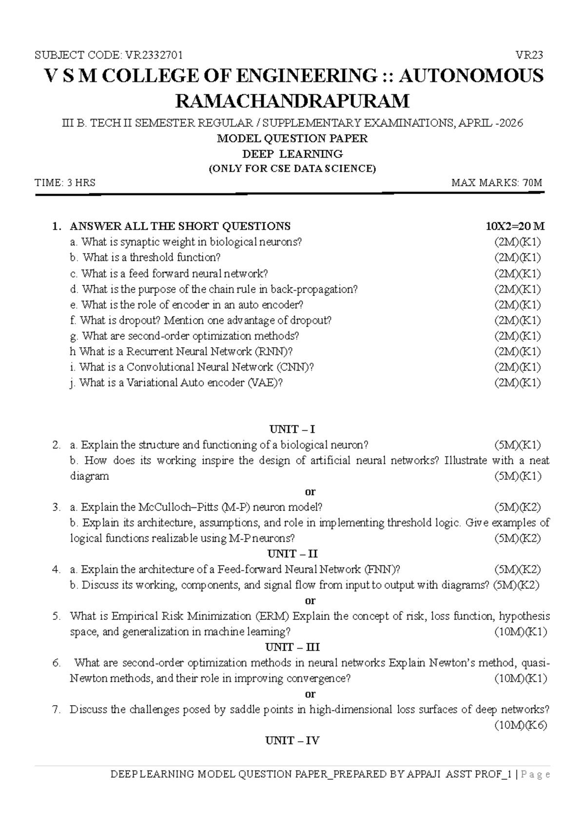 VR2332701 Deep Learning Model Question Paper for CSE Data Science - Studocu