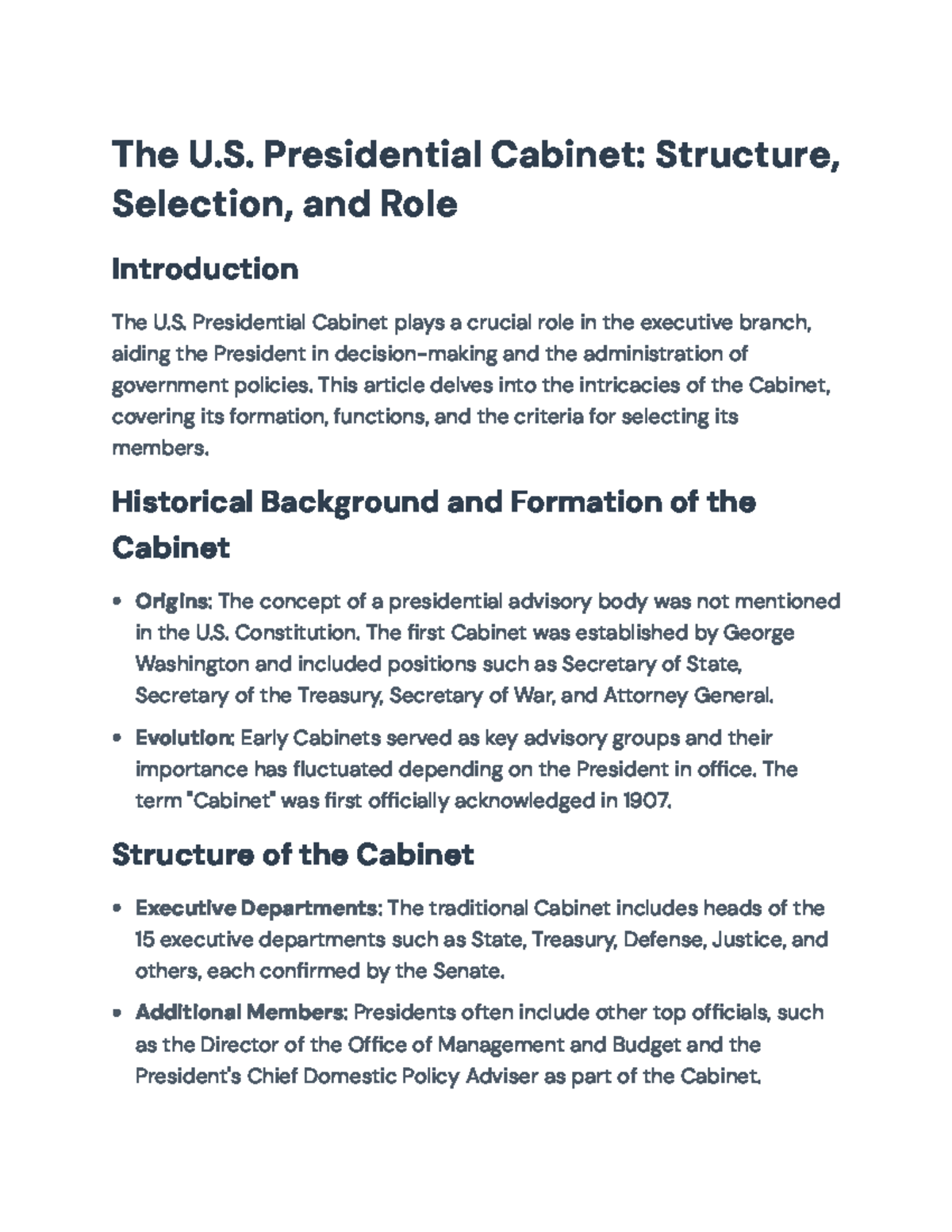 The U.S. Presidential Cabinet: Structure, Selection, and Roles ...