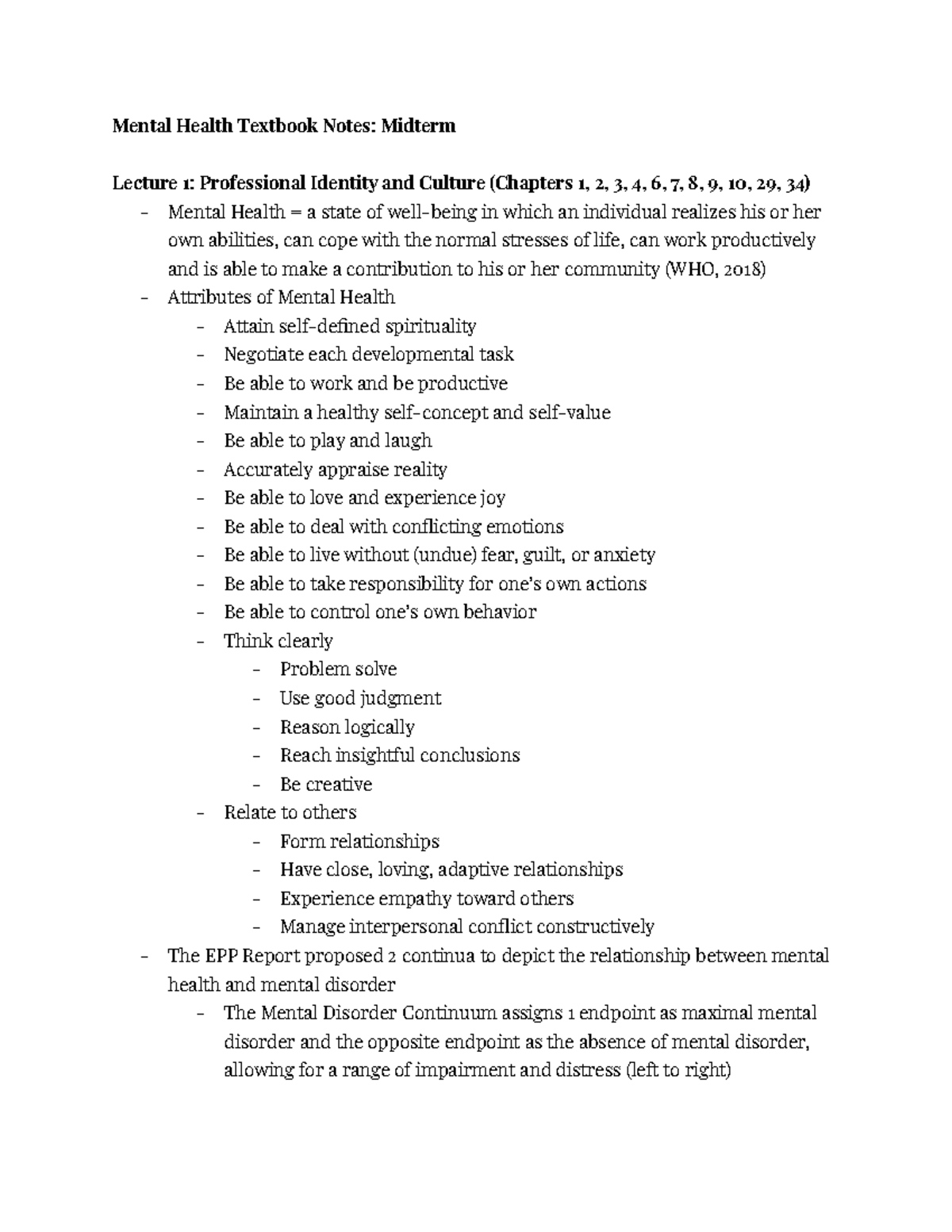 Mental Health Textbook Notes: Midterm Exam (MHA 204) - Studocu