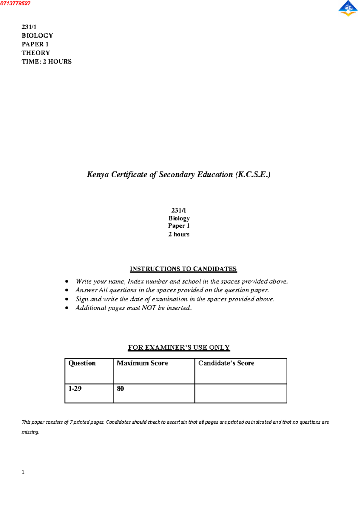 BIO 0713779527 PP1 F4 - Standard Practice Questions for Biology Paper 1 ...