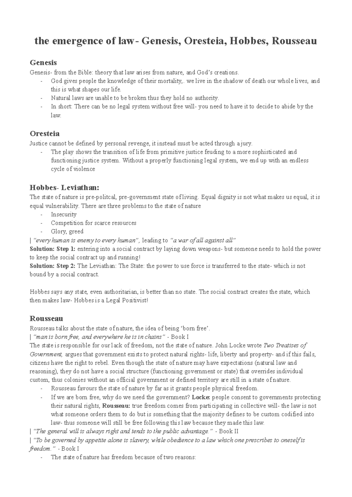 Legal Theory Exam Notes (2025): Genesis, Oresteia, Hobbes, Rousseau ...