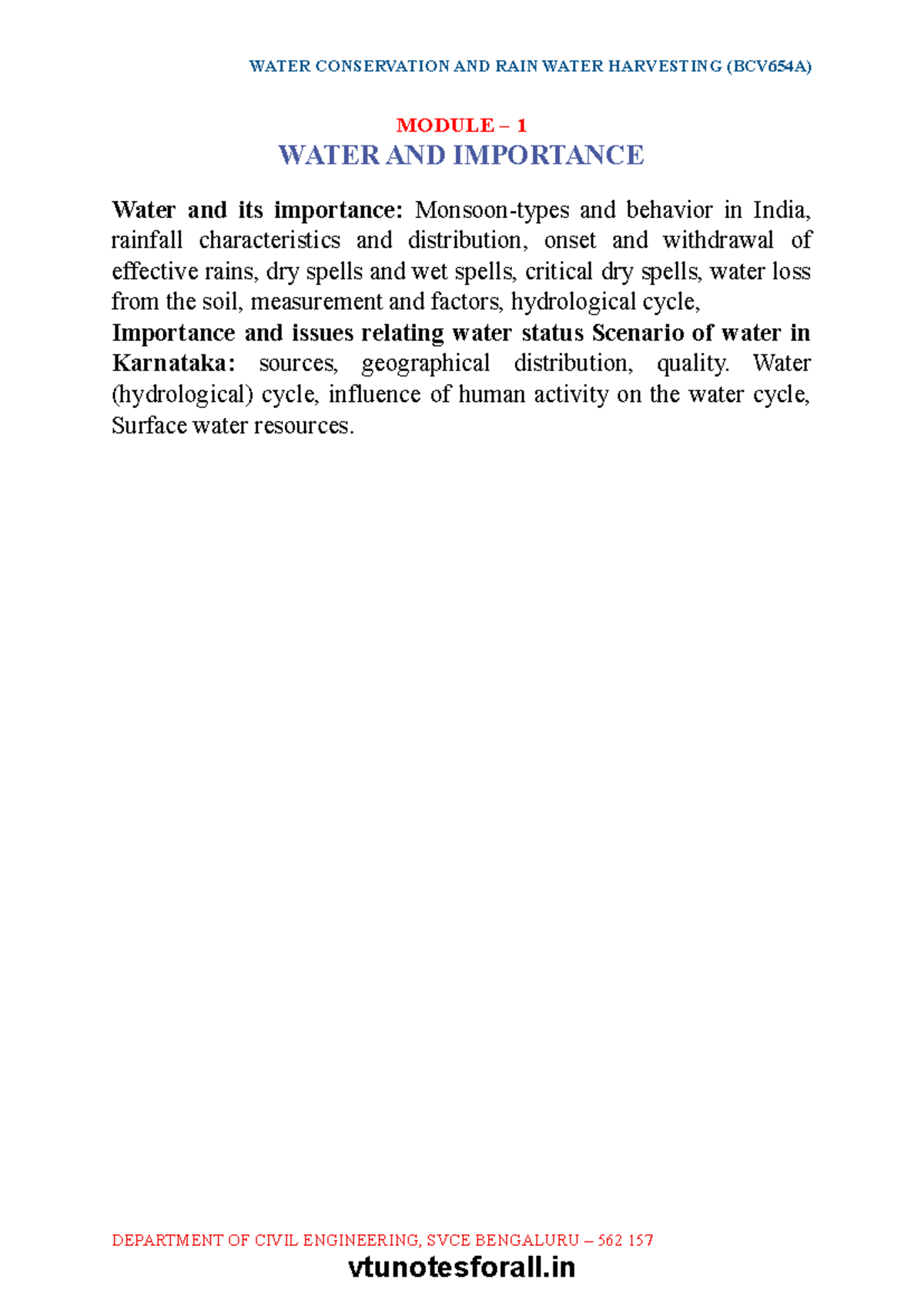 WATER CONSERVATION & RAIN WATER HARVESTING (BCV654A) - MODULE 1 ...