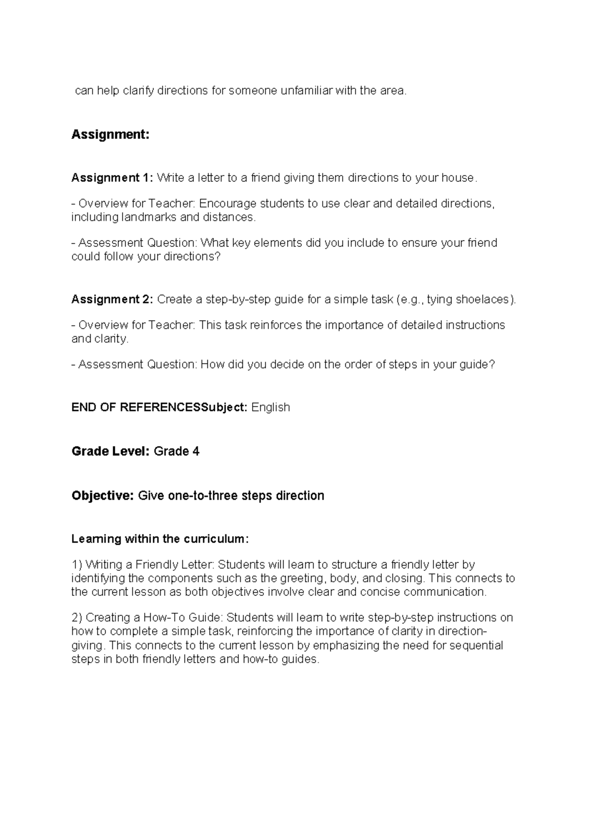 Lesson plan - can help clarify directions for someone unfamiliar with ...