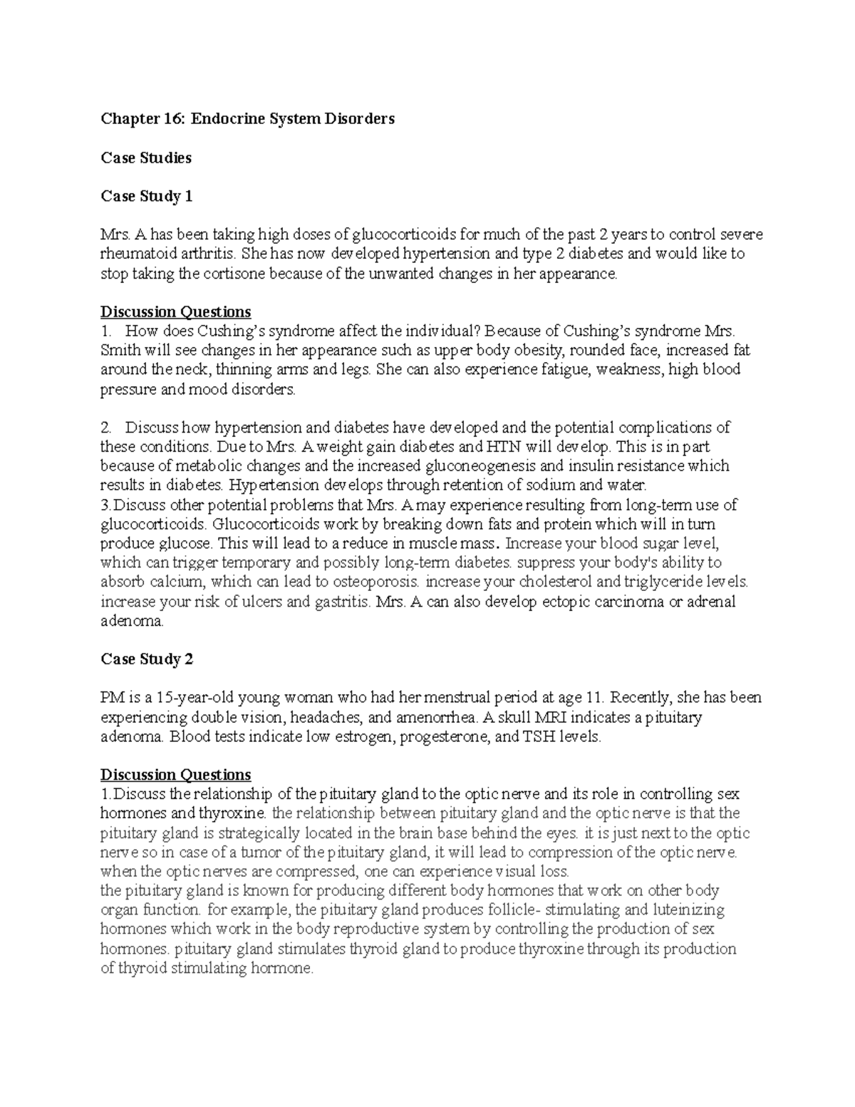 Midterm 2 Case Studies: Endocrine Disorders & Immobility Issues - Studocu