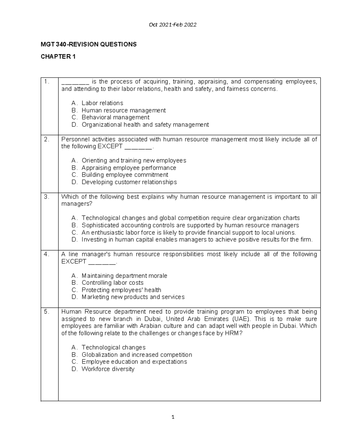 MGT 340 - Revision Questions: Comprehensive Study Guide for HRM - Studocu