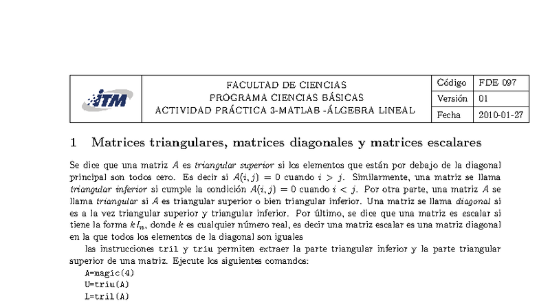 Actividad Práctica 3: Matrices Triangulares y Escalares FDE 097 01 ...