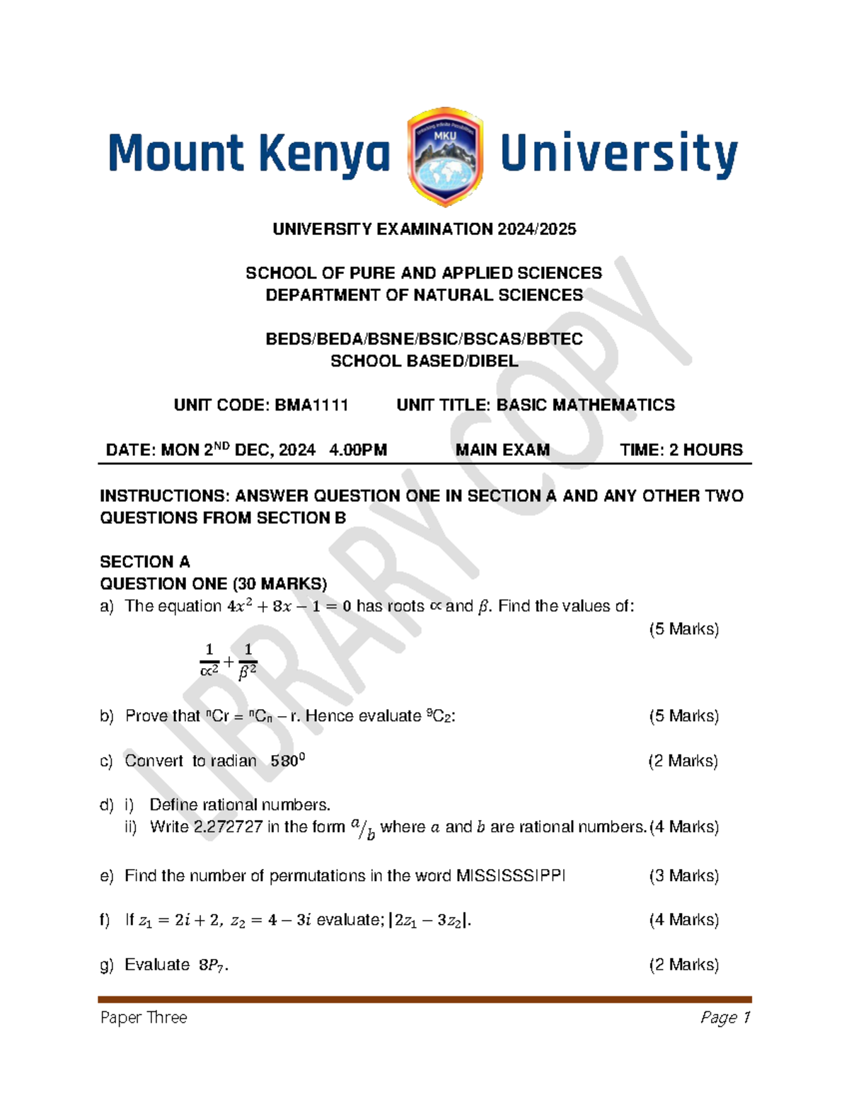 BMA1111 Basic Mathematics Final Exam Questions and Solutions - Studocu