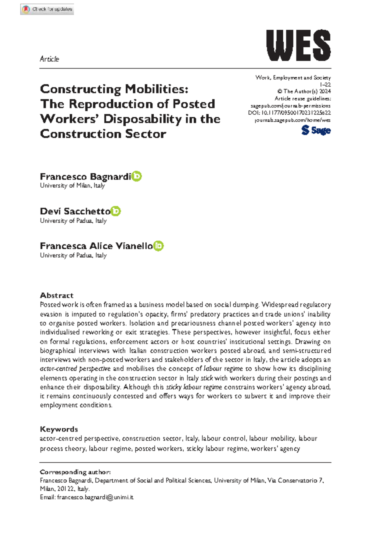 1225622 Employment and Society: Sticky Labour Regimes in Posted Work - Studocu