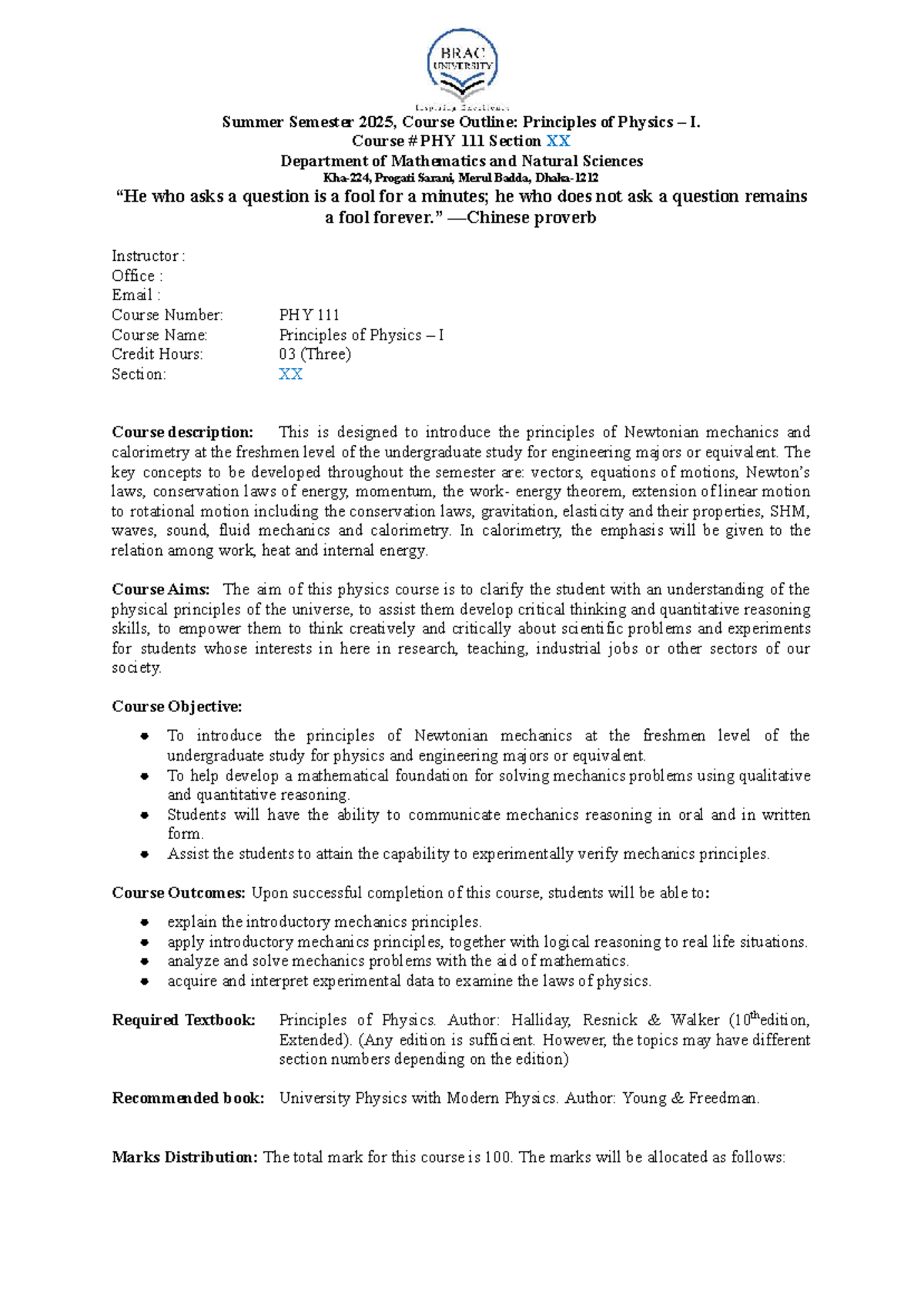 Course Outline: PHY-111 Principles of Physics I - Summer 2025 - Studocu