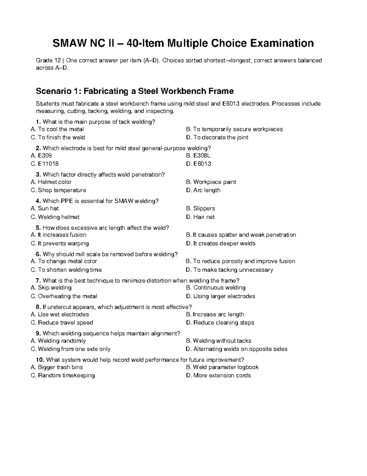 SMAW NC II Grade 12: Multiple Choice Exam on Welding Techniques - Studocu
