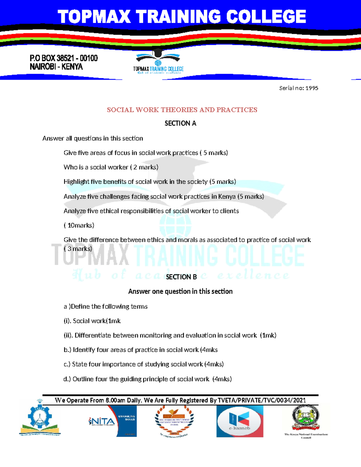 Social work - good - Serial no: 1995 SOCIAL WORK THEORIES AND PRACTICES ...