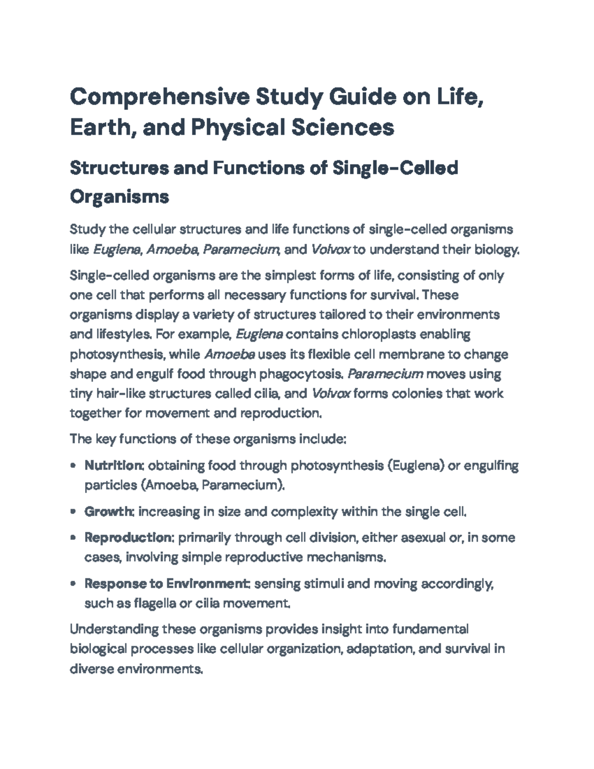 Comprehensive Study Guide on Life, Earth, and Physical Sciences (SCI101 ...