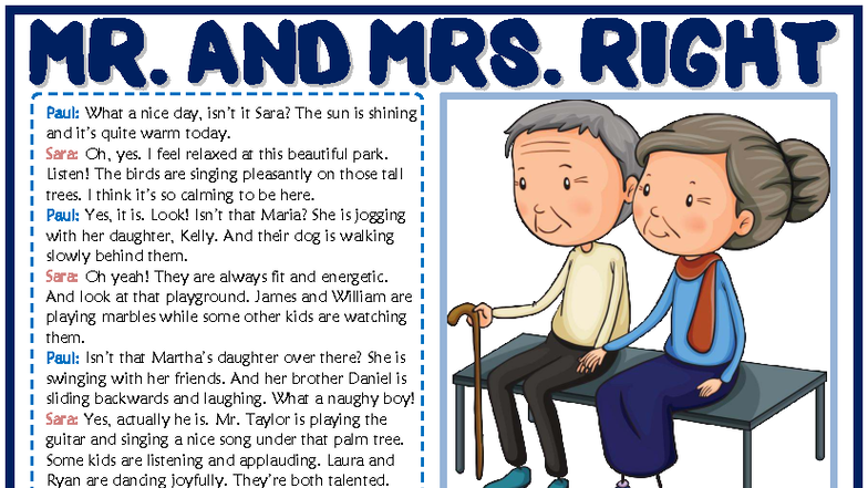 Present Continuous Tense: Mr. and Mrs. Right ESL Dialogue Exercises ...