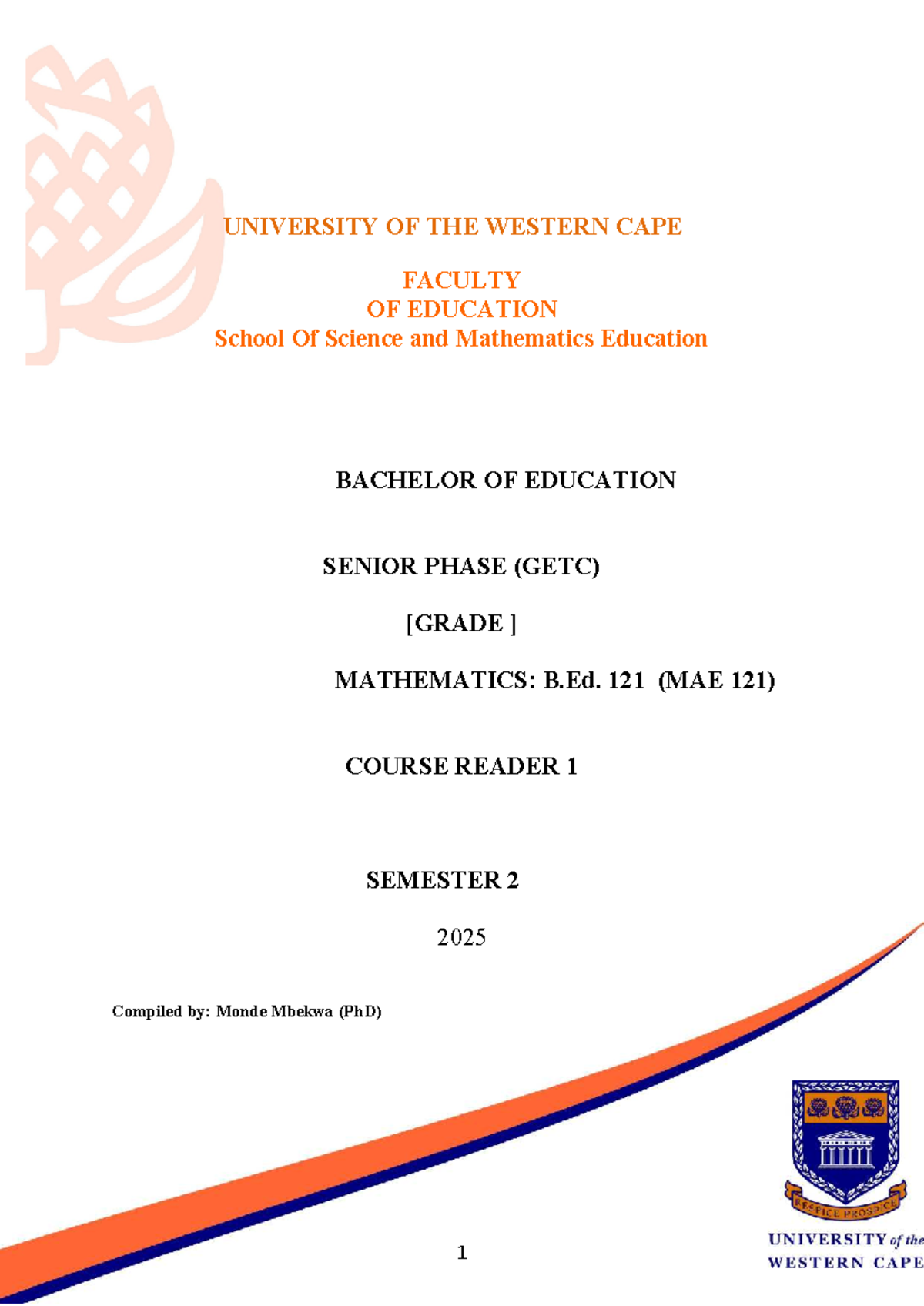 Course Reader 2025: MAE 121 - Mathematics for Senior Phase Teachers ...
