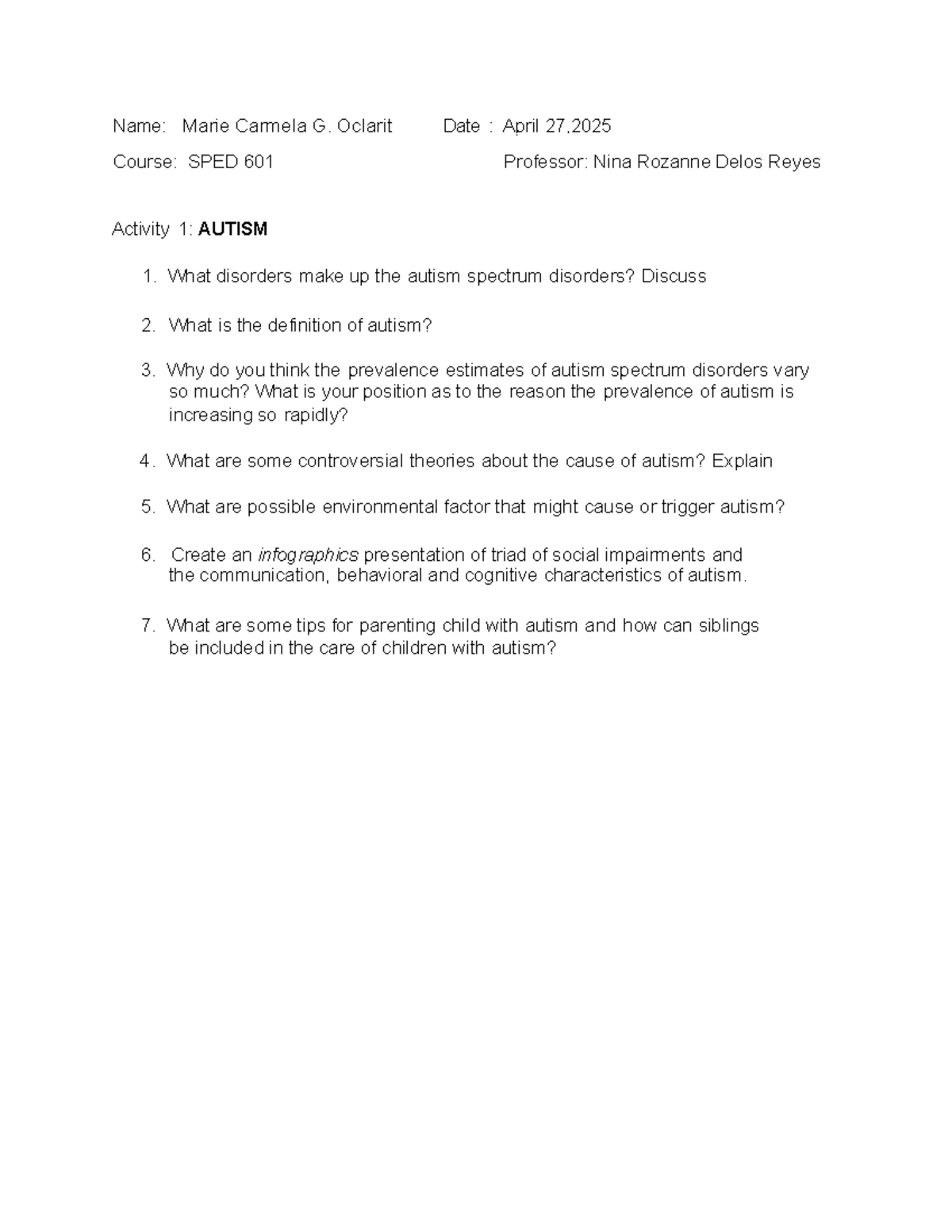 SPED 601 Activity 1: Understanding Autism Spectrum Disorders - Studocu