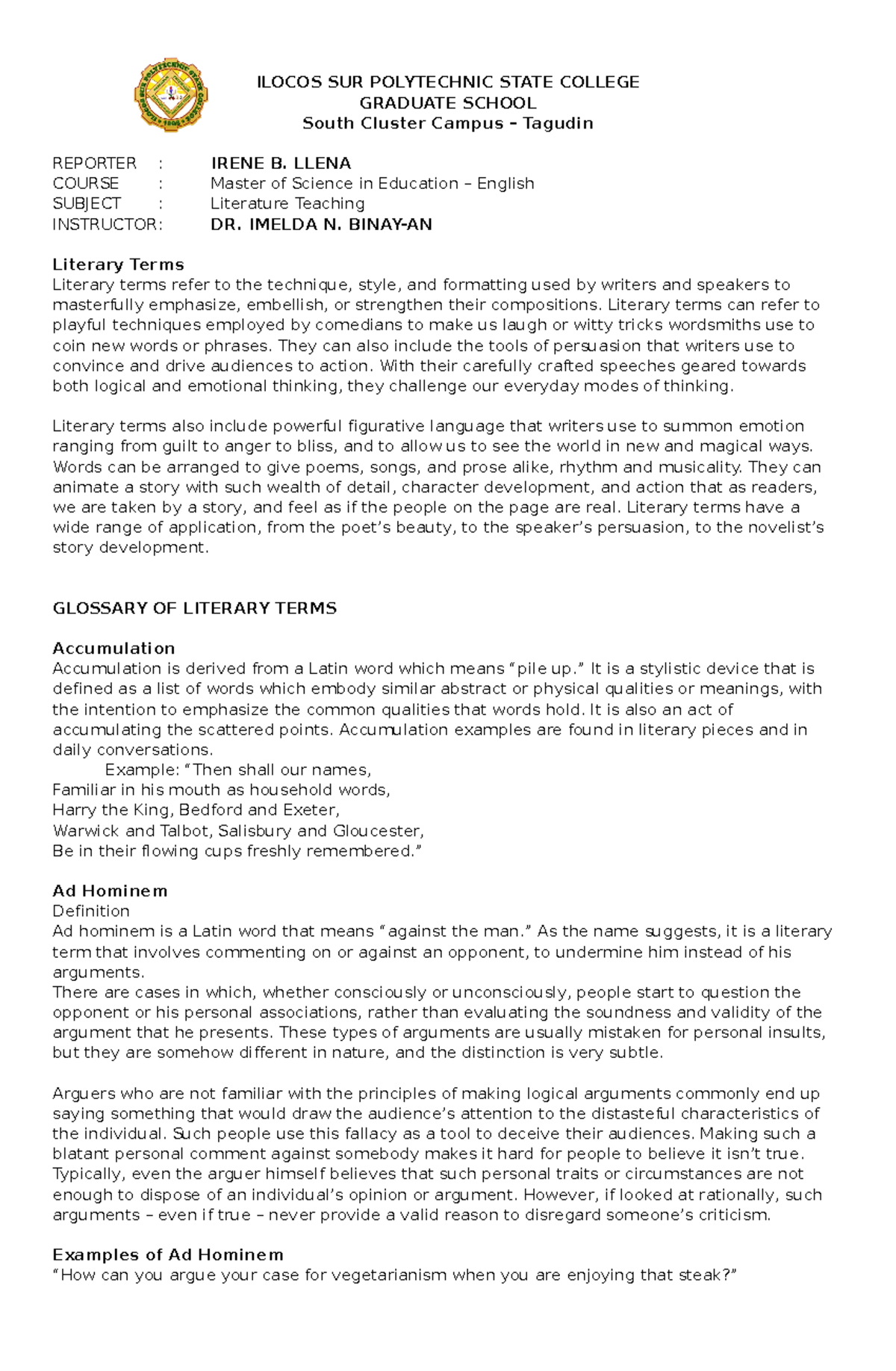 Literary Terms - Lecture notes - ILOCOS SUR POLYTECHNIC STATE COLLEGE ...