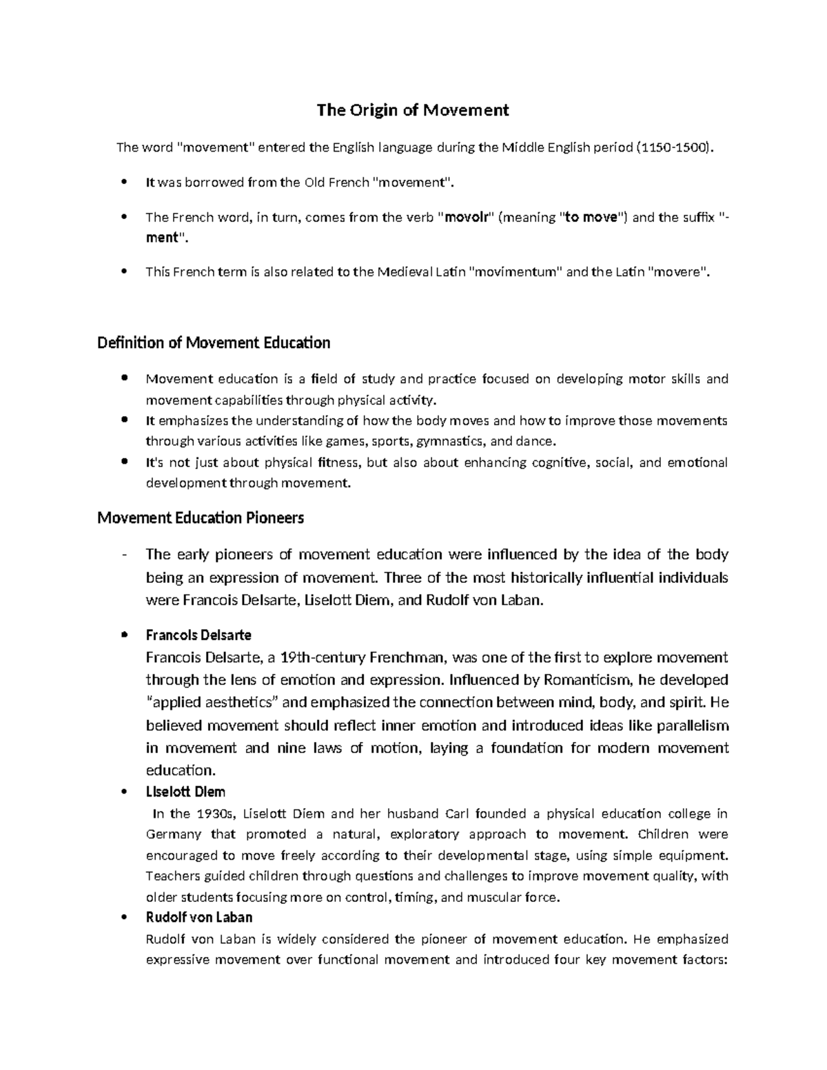 Report on the Origin of Movement Education (EDU 101) - Studocu