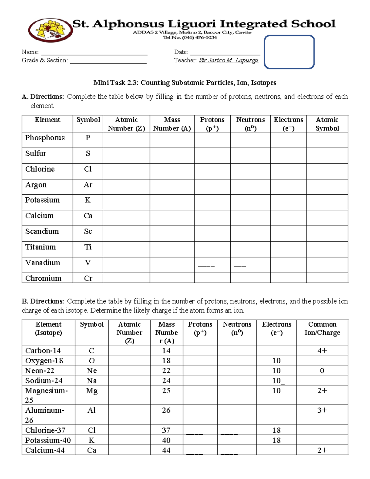 Mini Task 2.3: Counting Subatomic Particles & Isotopes (Chem 101) - Studocu