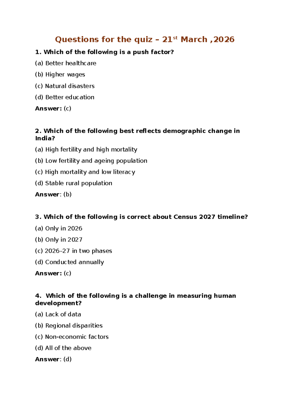 Quiz on Human Geography - MCQs for Course Code HG101 - Studocu