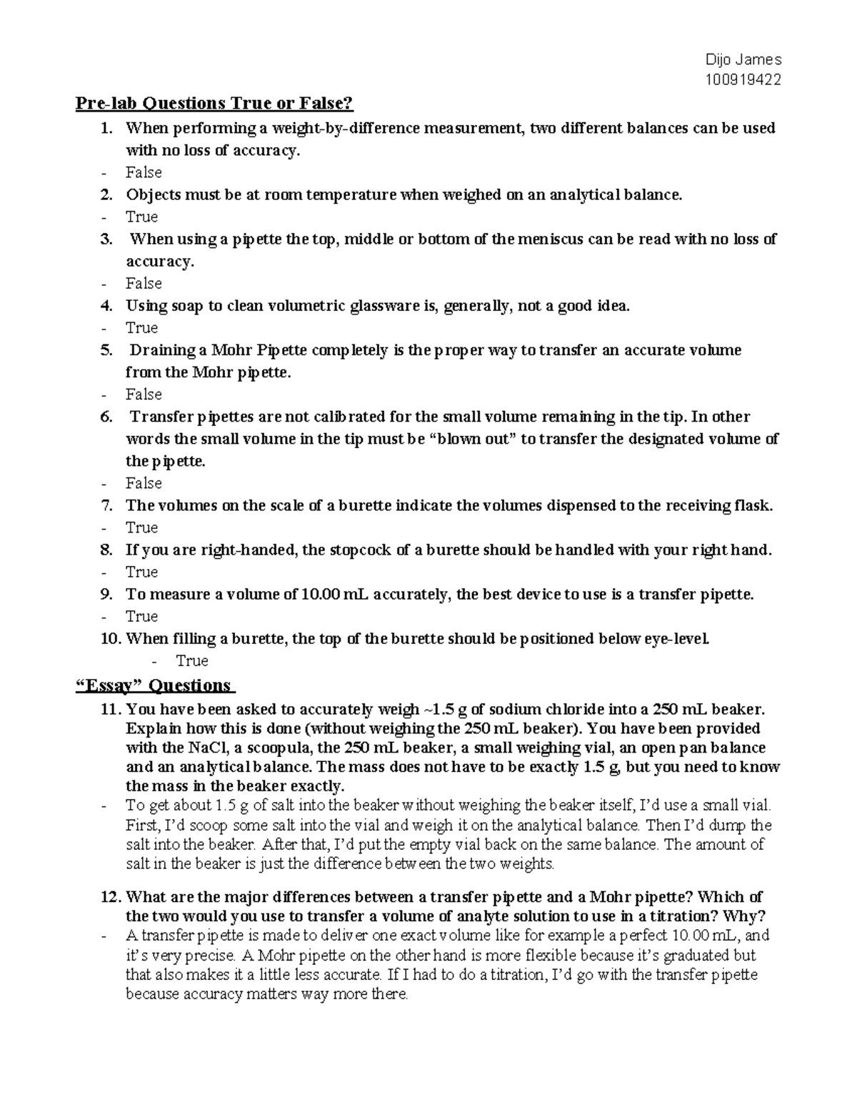 Pre Lab 1: True or False Questions in Analytical Chemistry - Studocu