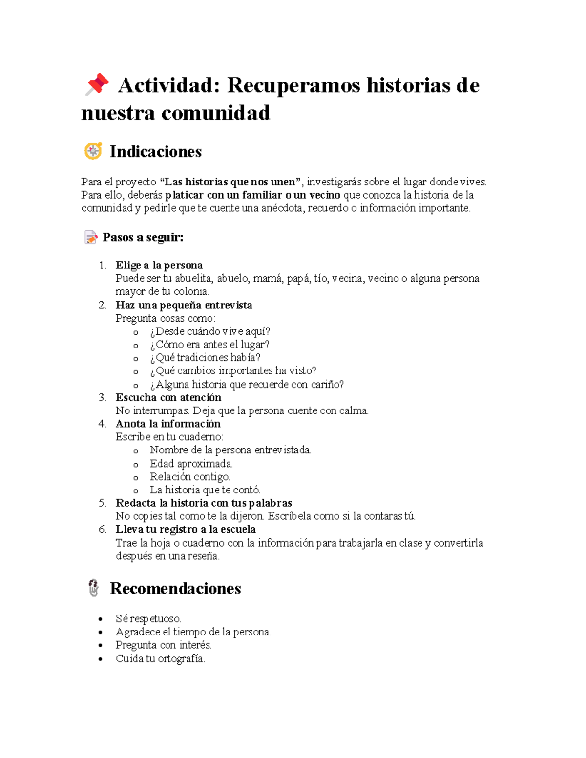 Actividad: Recuperando Historias de Nuestra Comunidad - Studocu