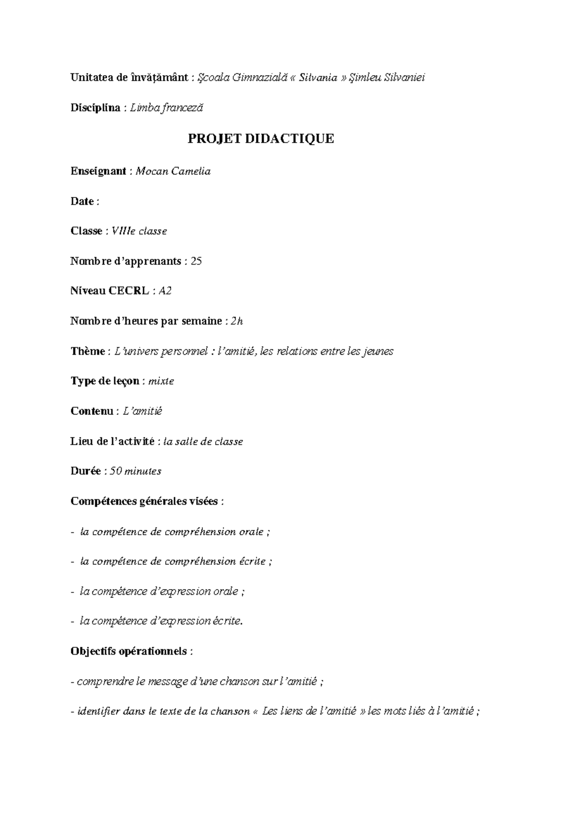 Proiect Didactic Limba Franceză A2 - Clasa a VIII-a - Studocu