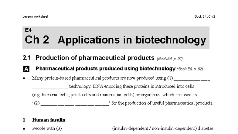Lesson Worksheet E4, Ch 2: Applications in Biotechnology - Studocu