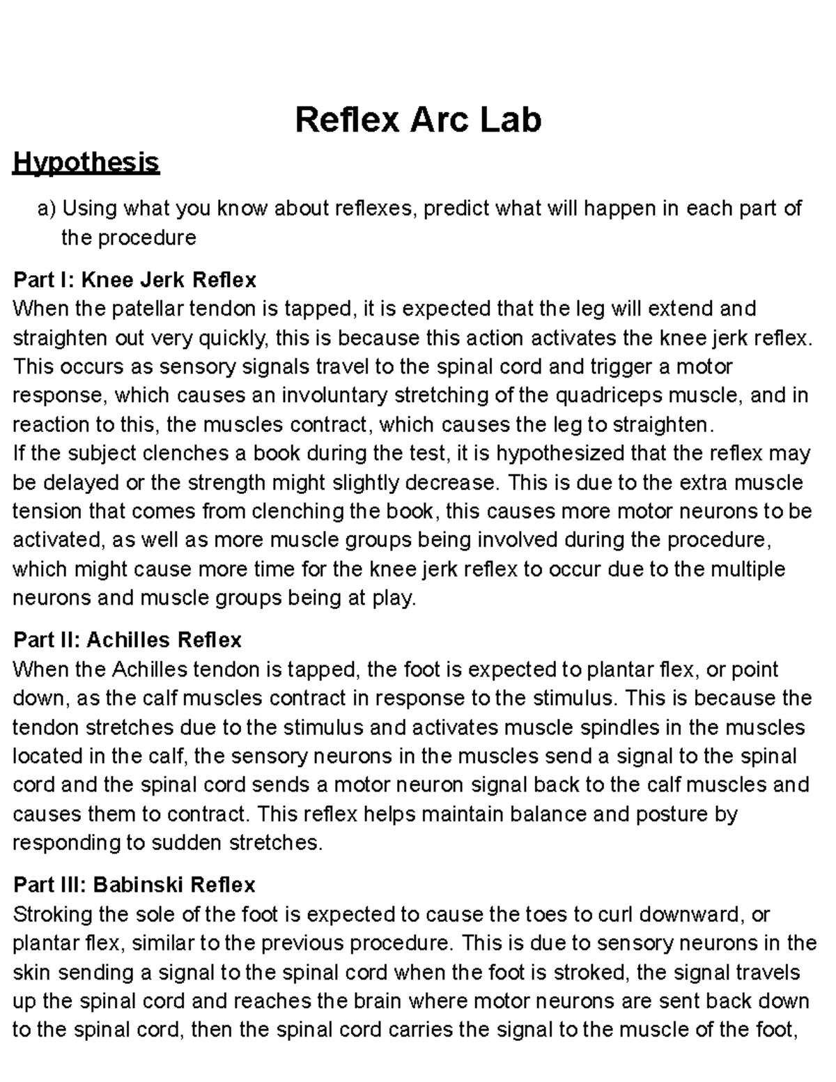 Sbi4u reflex arc lab - Reflex Arc Lab Hypothesis a) Using what you know ...