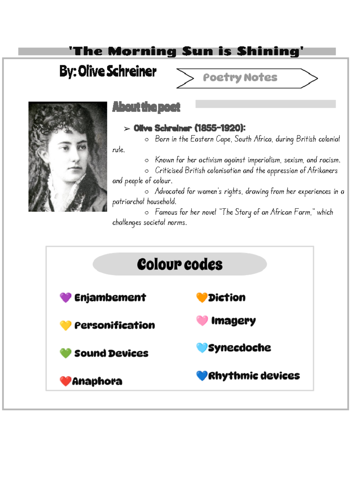 Olive Schreiner's Poem Analysis: 'The Morning Sun is Shining' - Studocu