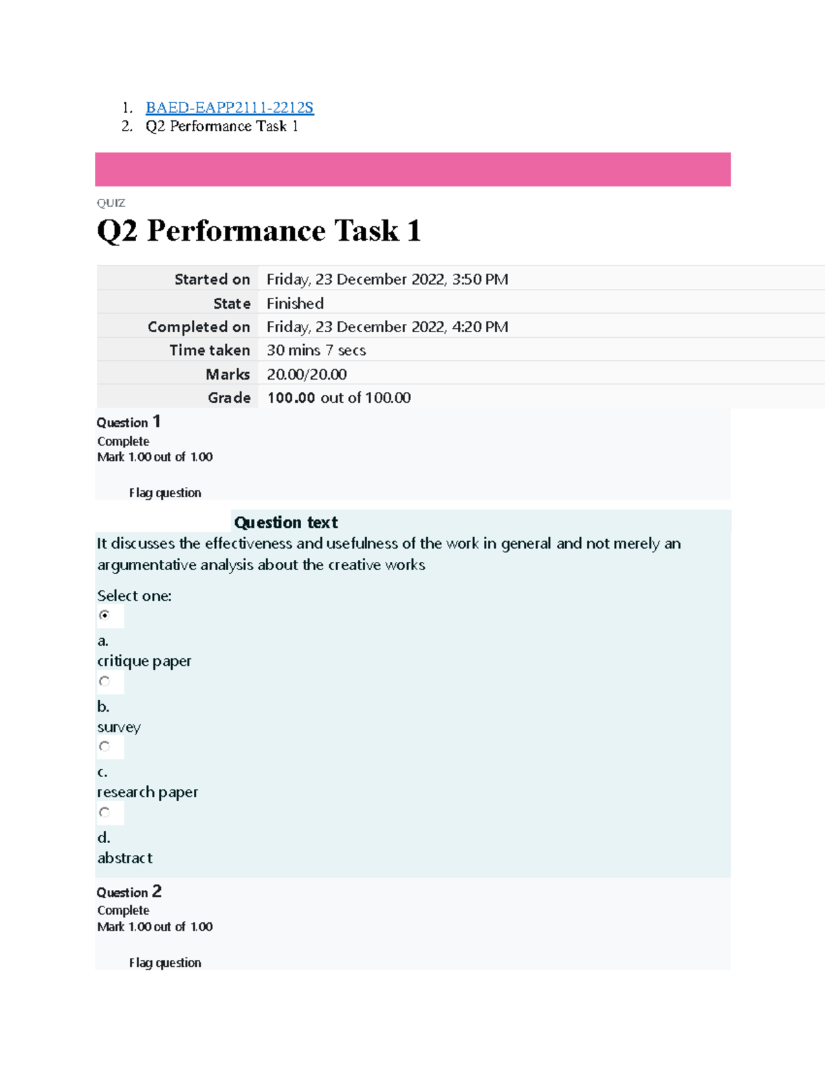 BAED-EAPP2111 - Quiz on Q2 Performance Task Concepts - Studocu