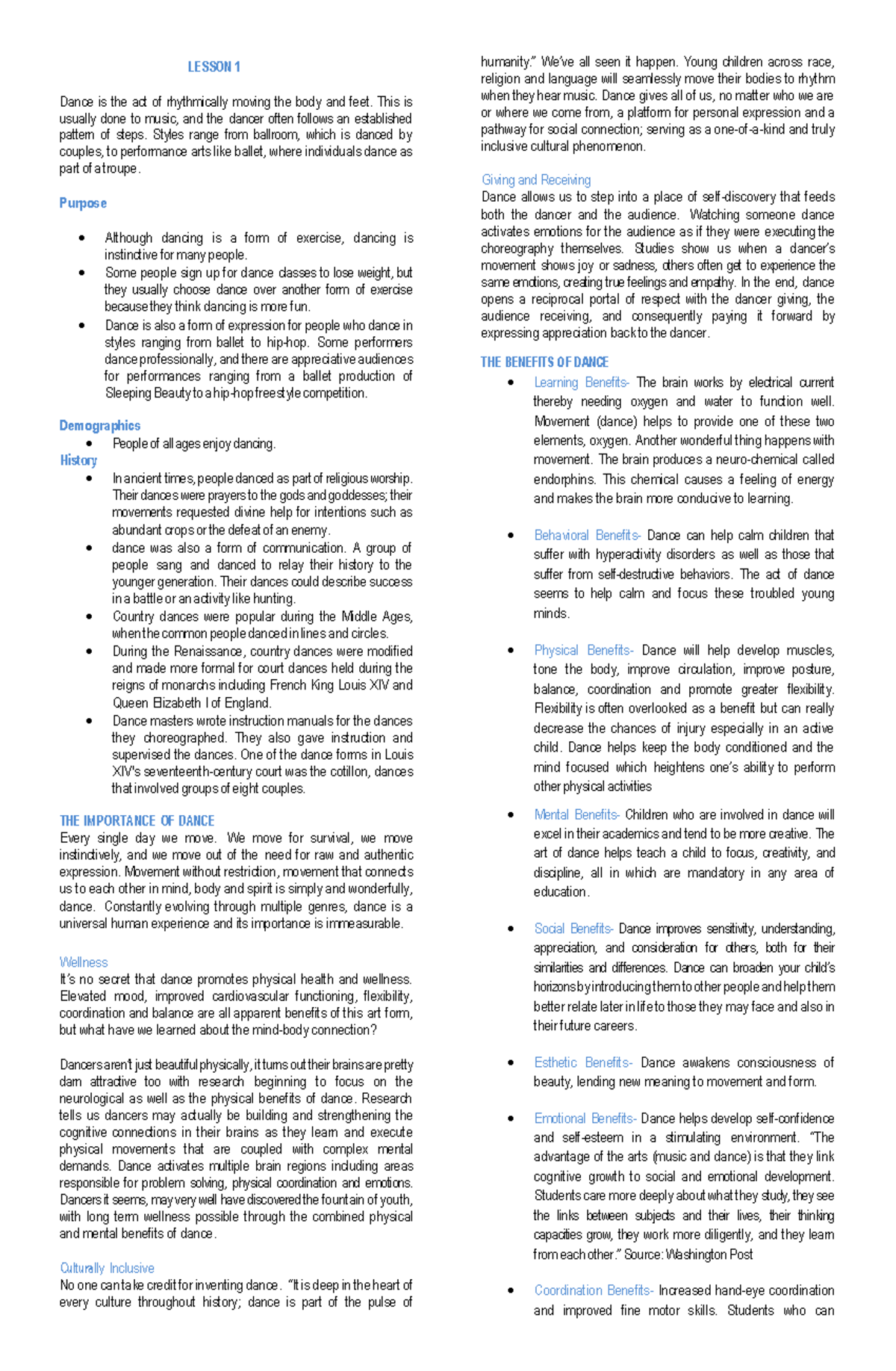 PE-3- Reviewer - Pe review - LESSON 1 Dance is the act of rhythmically moving the body and feet ...