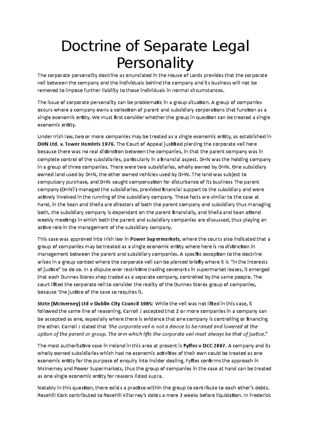 Doctrine of Separate Legal Personality - Doctrine of Separate Legal ...