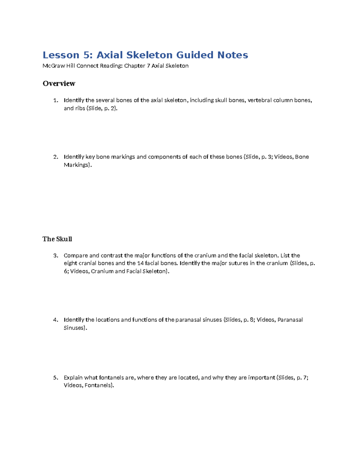 Lesson 5 Guided Notes: Overview of Axial Skeleton (Chapter 7) - Studocu